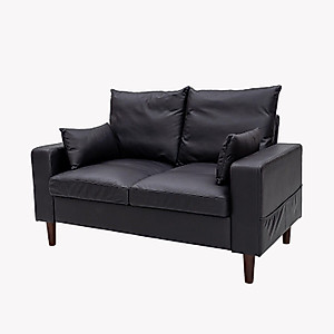 Panana Small Modern Loveseat Couch Sofa Upholstered Faux Leather 2-Seat Sofa Couch Love Seats Furniture for Small Space,Living Room,Studio,Apartment with 2 Pillows,Black