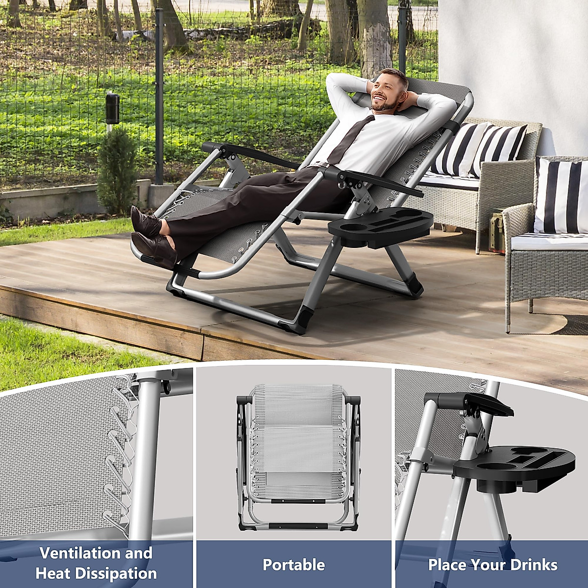 Elevens Oversized Zero Gravity Chair, 30in Reclining Patio Lounge Chair with Removable Cushion & Tray, Patio Lounge Chair with Adjustable Headrest, Support 500 lbs, Gray