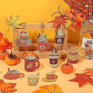 Augisteen 12 Pieces Fall Diamond Painting Keychains Fall Cocoa Diamond Art Key Rings DIY 5D Diamond Ornaments Fall Drinks Coffee Hanging Pendants Double Sided for Autumn Thanksgiving Party Decor