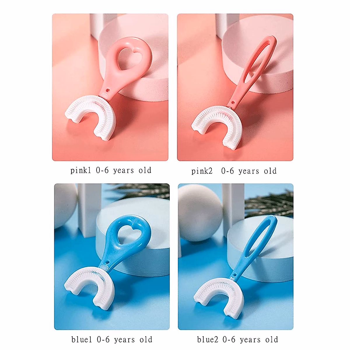 Pritbon 4Pcs Children's U-Shape Toothbrush for 360degree Thorough Cleansing, Heart/Oval U Shape Toothbrush for Kids 0-12 Years Old
