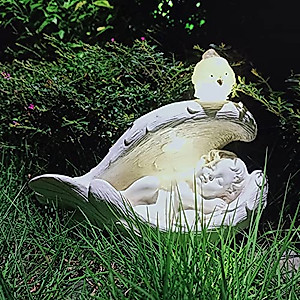 HONGRUIART Solar Sleeping Baby Angel Statue, Solar Light Cherub Angel in Wings with Bird, Memorial Guardian Angel Bady Statue Indoor and Outdoor Home Garden Decoration