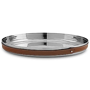 nambe Tahoe Bar Tray | Stainless Steel Organizing Tray with Raised Edges and Leather Accent | Decorative Round Metal Serving Tray | 13-in Removable Leather Accent