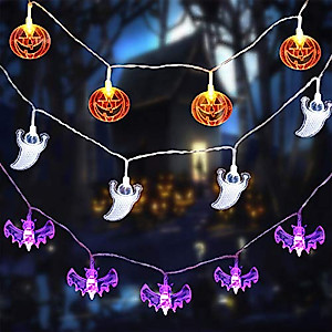 Halloween Lights Decoration String Lights, 3 Pack 44.3FT Battery Operated Fairy Lights 3x30 LED Orange Pumpkin Purple Bat White Ghost String Lights for Indoor/Outdoor Holiday Party Decorations