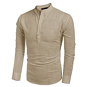 COOFANDY Mens Cotton Linen Henley Hippie Casual Beach T Shirt, Khaki, Medium, Long Sleeve