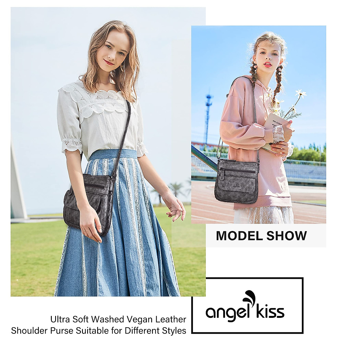 Angelkiss Small Womens Crossbody Bag Leather Shoulder Purse for Women Hobo Bag with Adjustable Shoulder Strap（Grey）