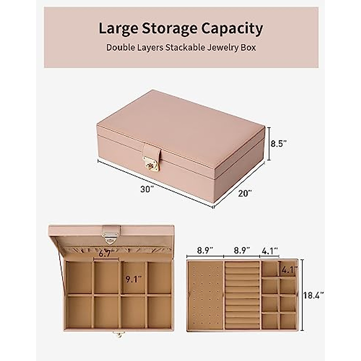Vlando Jewelry Box for Women Girls 2 Layer Large Jewelry Organizer Storage Case PU Leather Jewellery Stackable Tray for Necklace Earrings Rings Bracelets Home Decor Gifts Beige