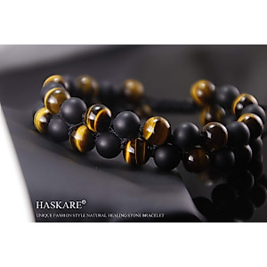 HASKARE Tiger Eye Stone Bracelet Men Women - Natural Energy Stone Essential Oil Lava Rock Black Onyx Tiger Eye Beads Bracelet Adjustable