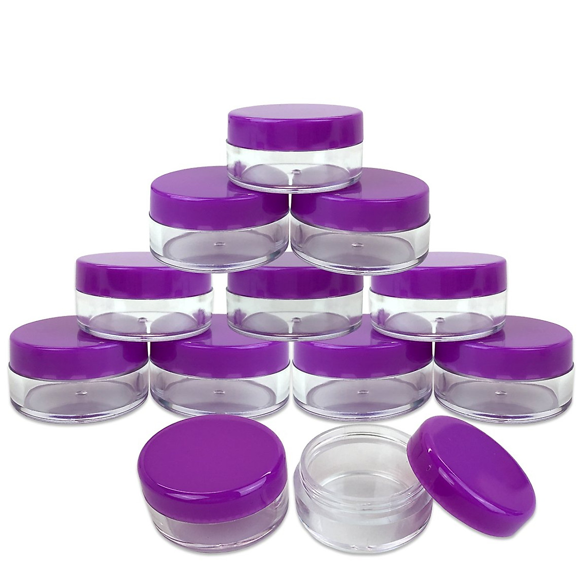 50 Empty 5 Grams Acrylic Clear Round Jars - BPA Free Containers for Cosmetic, Lotion, Cream, Makeup, Bead, Eye shadow, Rhinestone, Samples, Pot, Small Accessories 5g/5ml (Purple Lid)