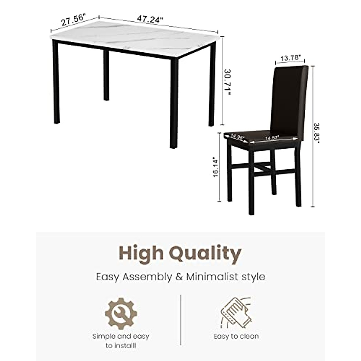 Recaceik Dining Table Set for 4, Kitchen Table and Chairs Set with Faux Marble Tabletop & 4 Leather Upholstered Chairs for Kitchen Dining Room, Compact Space, Dinette Set, White+Brown