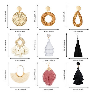 Hazms 9 Pairs Rattan Earrings for Women Lightweight Acrylic Geometric Statement Woven Earrings Handmade Straw Wicker Braid Hoop Drop Dangle Earrings