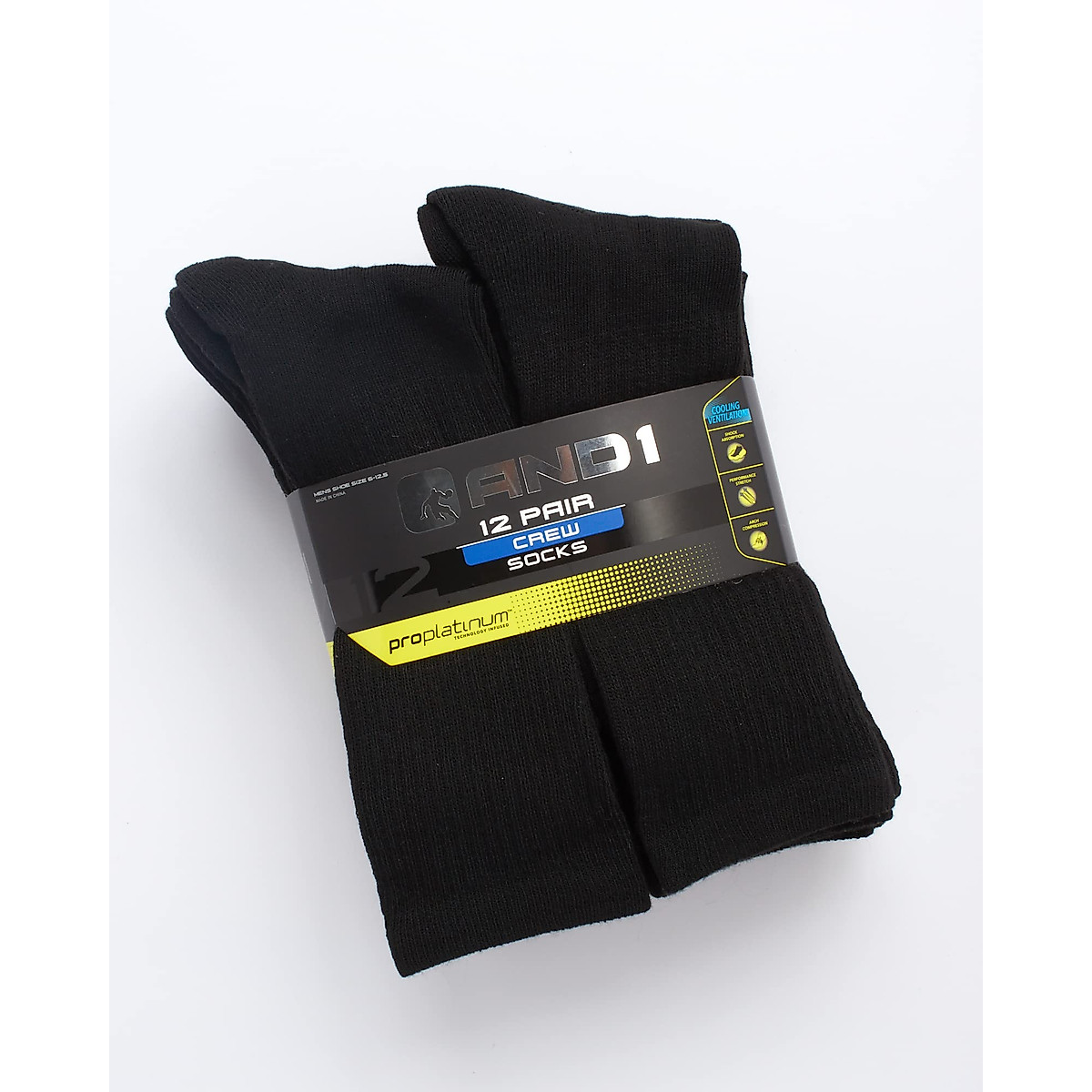 AND1 Men's Athletic Arch Compression Cushion Comfort Crew Socks (12 Pack), Size 6-12.5, Black