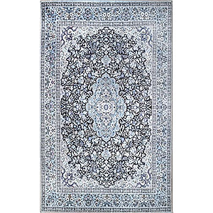 SUPERIOR Indoor Large Area Rug, Farmhouse Home Throw for Bedroom, Office, Living Room, Dining/Kitchen, Entry, Floral Medallion Floor Decor, Cotton Backed, Fiorella Collection, 10' x 14', Azure