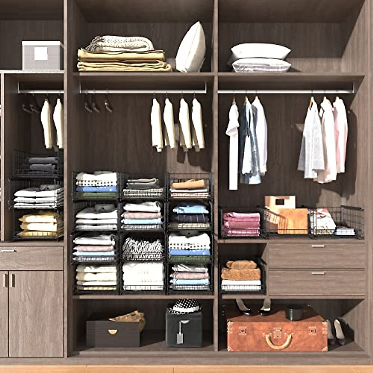 3-tier Sliding Closet Organizers and Drawer Storage Shelves, Stackable Storage Bins for Jean Pants Sweaters, Metal Drawer Shelf Clothes Storage Container, Wardrobe Cupboard Organizer for Folded Clothe