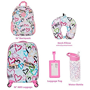 RALME 5 Pc. Girls’ Rolling Suitcase Set with Backpack, Neck Pillow, Water Bottle, and Luggage Tag