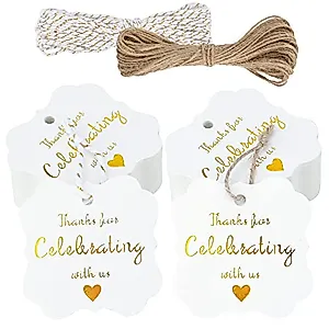 White Gold Tags,Thank You for Celebrating with Us Tag,100 Pcs High-end Metallic Gold Tags with Jute Twine,Paper Gift Tags for Wedding Favors,Baby Shower or Special Event