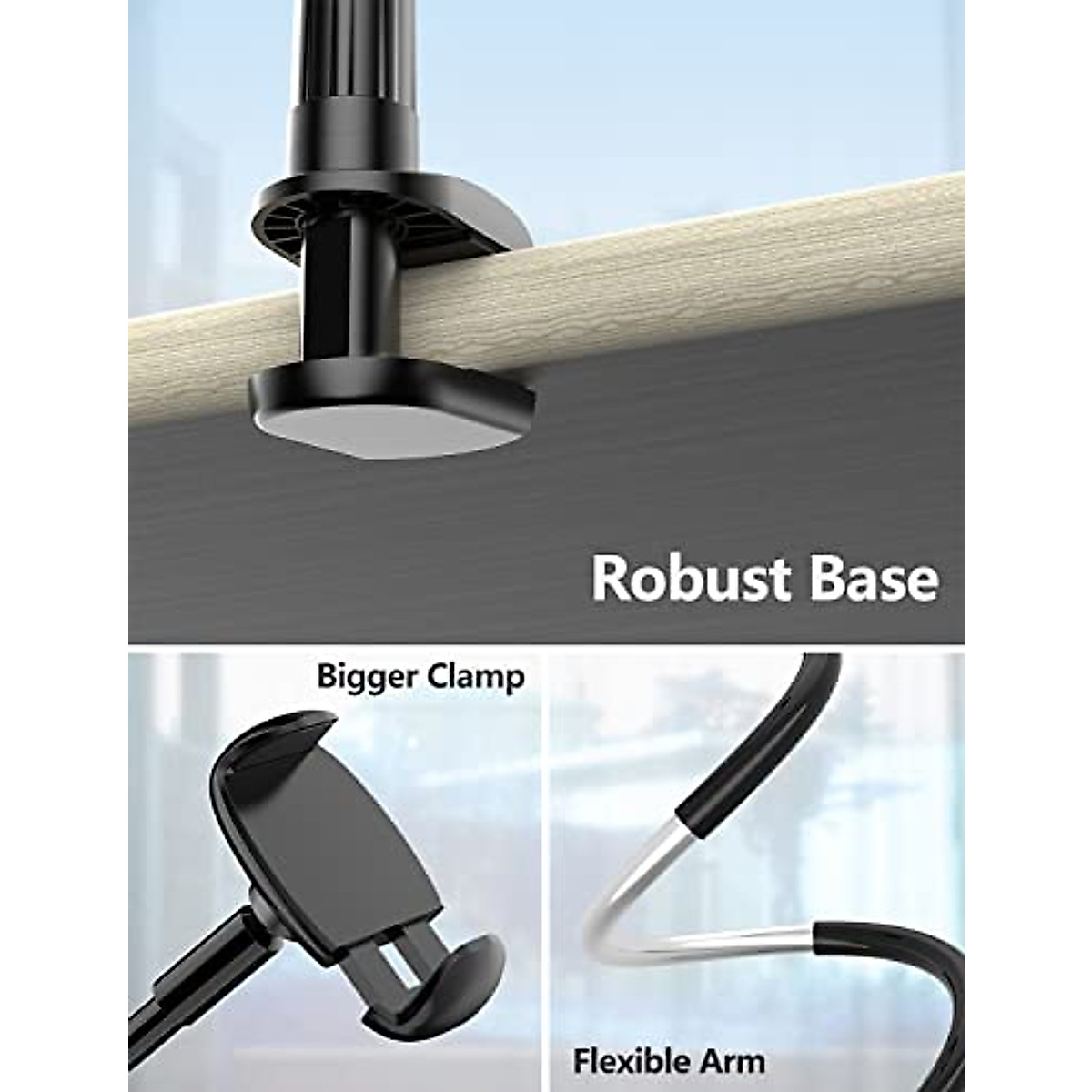 Tryone Gooseneck Phone Holder Stand for Bed Flexible Arm Adjustable Cell Phones Mount Clamp on Desk Bedframe Compatible with iPhone 14 Pro Max 13 12 11 X SE Series/Samsung S22 or Other 4"-7" Devices