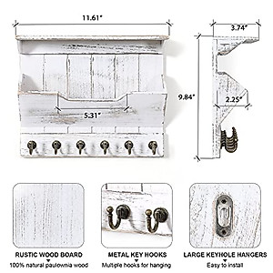 Dythner Key Holder for Wall, Elegant Wall-Mounted Mail Organizer, Key and Mail Holder for Wall with 6 Key Hooks, Key Racks for Home and Entryway Decor, Rustic Paulownia Wood