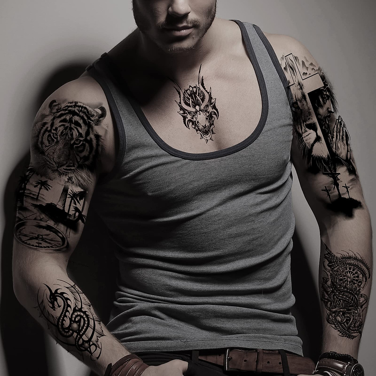 72 Sheets Half Sleeve Temporary Tattoos for Men Women Adults, Tiger Wolf Flower Skull Realistic Temporary Tattoo Stickers for Halloween, Black 3D Rose Animals Fake Tattoos