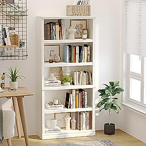 blini 5-Shelf Tall Bookcase White Wooden Bookshelves 33in Wide Floor Standing Display Storage Shelves 70 in Tall Bookcase for Home Office, Living Room, Bed Room