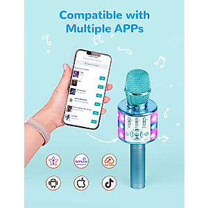 Amazmic Kids Karaoke Microphone Machine Toys for Girls Bluetooth Microphone Portable Karaoke Machine with LED Light, Birthday Gift for Girls Boys 3-12 Year Old Adults Birthday Party, Home KTV(Blue)