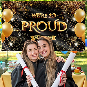 We are so Proud of You Banner - Congratulations Banner - Congratulations Decorations - Congrats Banner - Graduation Banner - Graduation Decorations for Prom - 5ft x 3ft (Black & Gold)