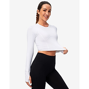 SANTINY Women's Long Sleeve Crop Workout Tops Slim Fit Gym Yoga Running Shirts for Women(A White_M)