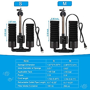 AQQA Aquarium Sponge Water Filter, Power Driven Double Biochemical Filter, Quiet Submersible Foam Filter with 2 Extra Sponges, 1 Bag of Filtered Ceramic Balls for Fresh and Salt Water Fish Tank (L)