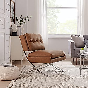 Volans Mid Century Modern Faux Leather Upholstered Armless Desk Chair with Chrome Plated Metal Base, Cognac