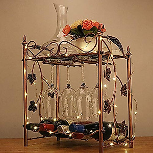 SILKSEA Countertop Wine Rack Freestanding with Wine Glass Rack Metal Wine Holder Storage Stand Organizer for Home Kitchen Décor, Cabinet, Bar, Tabletop Wine Racks Hold 4 Bottle and 6 Glasses, Copper