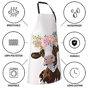 SUCUWINY Cow Apron Waterproof Chef Kitchen Fun Cow Print Apron White Apron with 2 Pockets Funny Aprons for Adults Cooking BBQ Aprons Baking Gifts