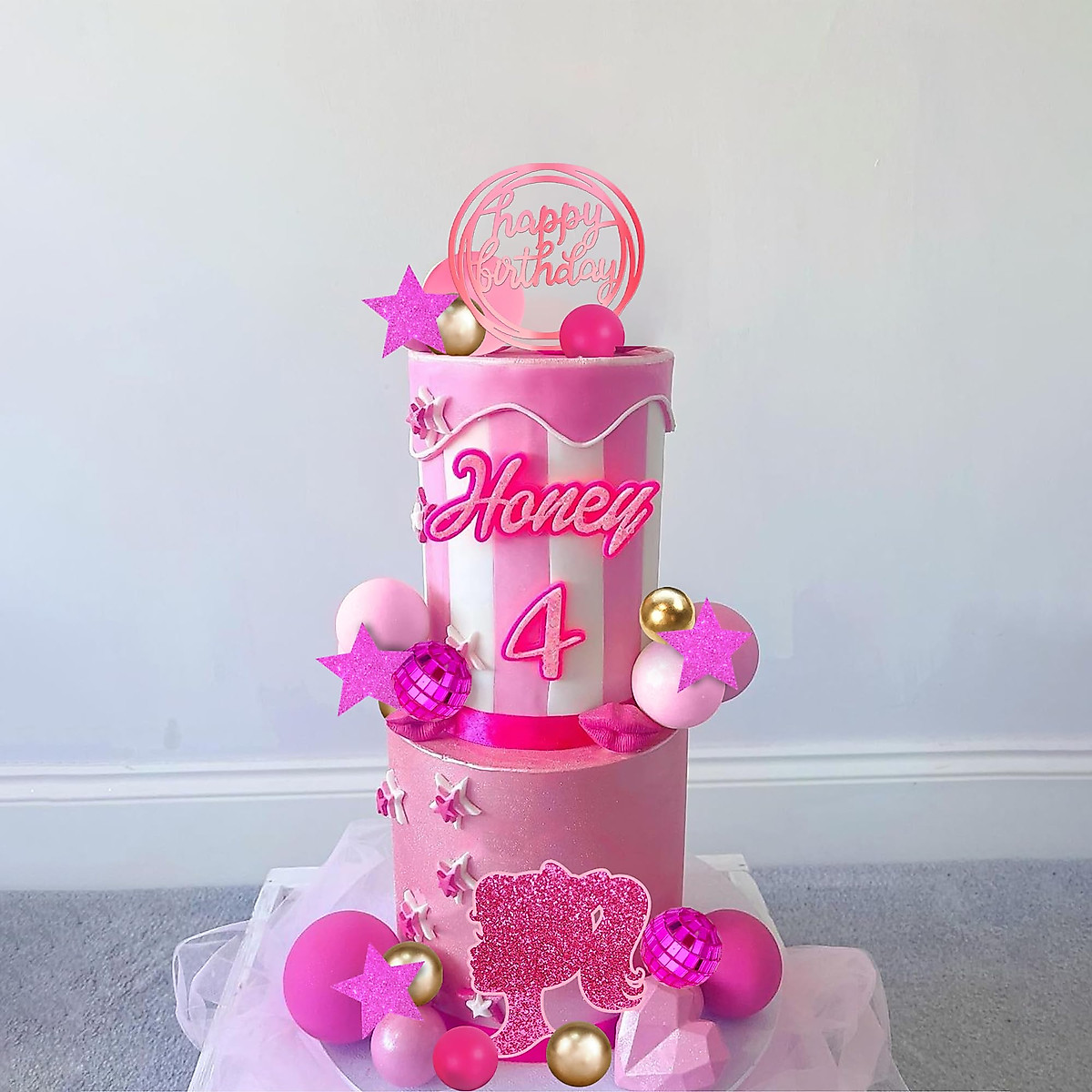 Hot Pink Girl Cake Toppers with Pink Gold Balls Mirror Ball Doll Cake Toppers for Wedding Baby Shower Anniversary Girl Birthday Themed Party Supplies (Style 2)