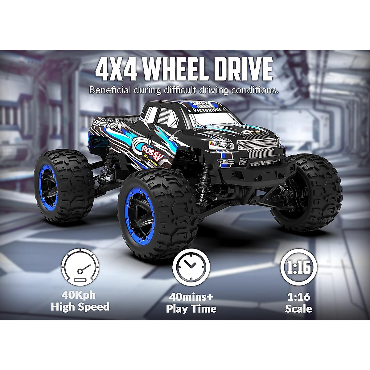 RACENT RC Car, 1:16 Scale All Terrain Monster Truck, 30MPH 4WD Off Road Fast Remote Control Toy 2.4Ghz High Speed Electric Vehicle with 2 Rechargeable Batteries, 40+ Min Play, Gift for Boys Adults