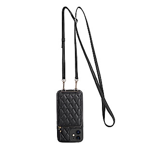 LAMEEKU Wallet Case for iPhone 12/12 Pro 6.1" - Card Holder, Crossbody Strap, Leather Handbag, Women's Protective Case - Black