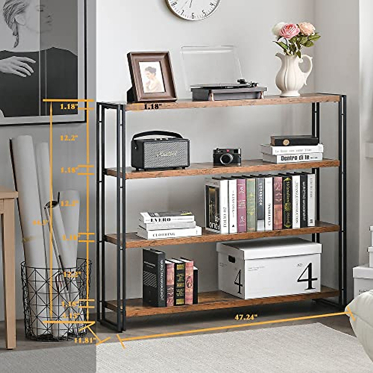 Bookshelf,4-Tier Industrial Bookcase,Rustic Wood and Metal Open Display Book Shelves Home Office,Bedroom Standing Shelf Unit,Horizontal Kitchen Shelf Organizer,Bathroom Storage Rack Mid Century 47in