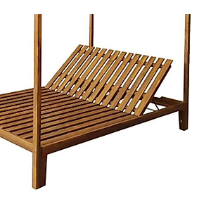 Merax Outdoor Daybed Patio Chaise Lounge,Acacia Wood Sunbed with Adjustable Seats,Overhead Curtains and Thick Cushions for Backyard, Cream