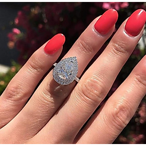 Yaya 925 Silver Classic Bridal Double Layer Drop-Shaped Zircon Ring Teardrop Halo Pear Cut Cubic Zirconia CZ Engagement Wedding Ring for Women (9#)