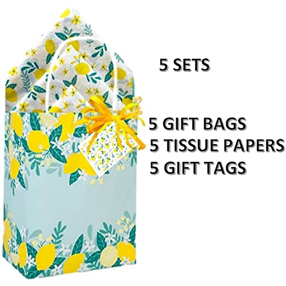 Small Gift Bags With Coordinating Tissue Paper and Gift Tags 5 Count (LEMON)