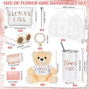 Sieral 2 Sets 18 Pcs Flower Girl Jelly Basket Set Including Flower Girl Tumbler Bear Sunglasses Makeup Bag Bracelet Proposal Card with Pen Envelope Plastic Handbag for Wedding Bridal Shower (White)