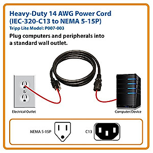 Tripp Lite Heavy Duty Computer Power Cord, 15A, 14AWG (NEMA 5-15P to IEC-320-C13), 3-ft. (P007-003),Black