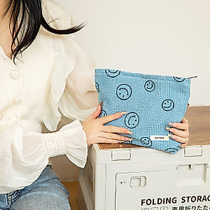 GUTGNK Makeup bag for Women, Corduroy Cosmetic Bag Aesthetic Design Ladies Tote Bag,Cute Smiley Face Makeup Organizer with Zipper - Blue