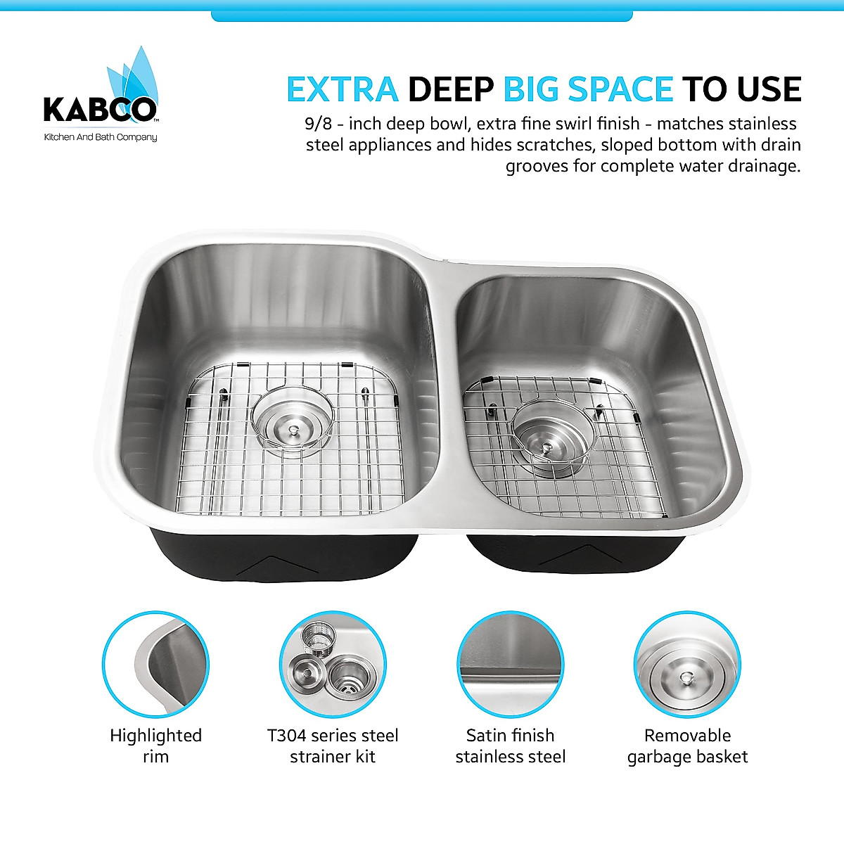 KABCO 32 Inch Big Double Unequal Bowl Stainless Steel Classic Kitchen Sink, Rust Resistant, Sound and Heat Proof 18 Gauge Undermount Sink with Sink Strainers, Sink Grids and rolling up grid