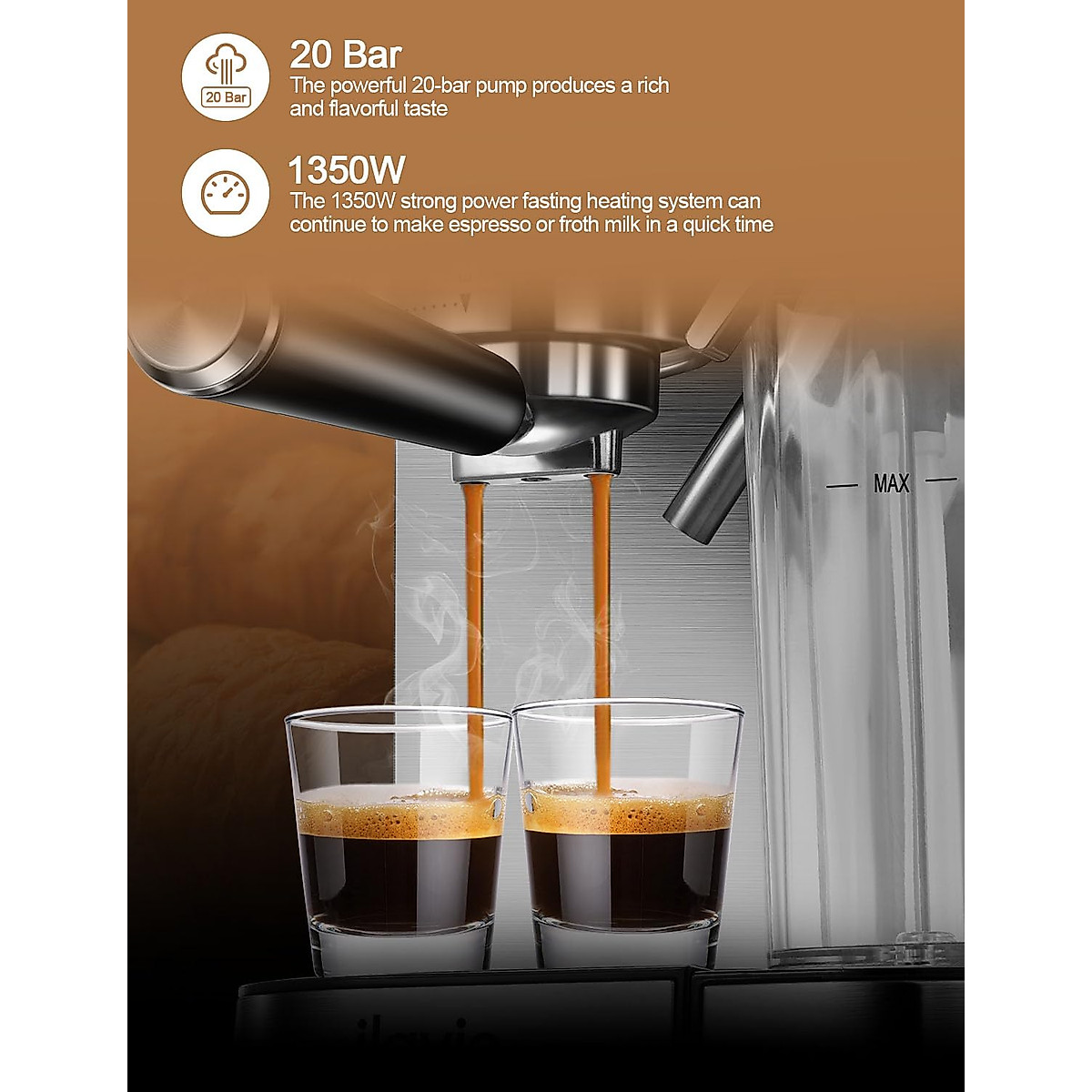 ILAVIE Espresso Machine with Integrated Automatic Milk Frother 6 in 1, 20 Bar Espresso Cappuccino Latte Maker with 24 oz Detachable Milk Reservoir, Ideal for Home Use