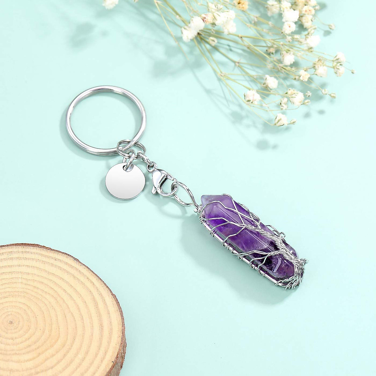 MANIFO Life Tree Wire Wrapped Crystals Keyring Healing Amethyst Stones Hexagonal Crystal Gemstone Points Pendant Keychain