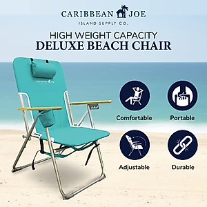 Caribbean Joe Folding Beach Chair, 4 Position Portable Backpack Foldable Camping Chair with Headrest, Cup Holder, and Wooden Armrests, Teal