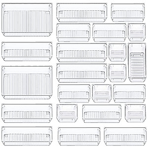 CHEFSTORY 23 PCS Clear Drawer Organizers Set, 4 Sizes Plastic Vanity Drawer Organizers and Storage Bins, Desk Drawer Organizer Trays with Non-slip Silicone Pads for Makeup,Bathroom and Kitchen