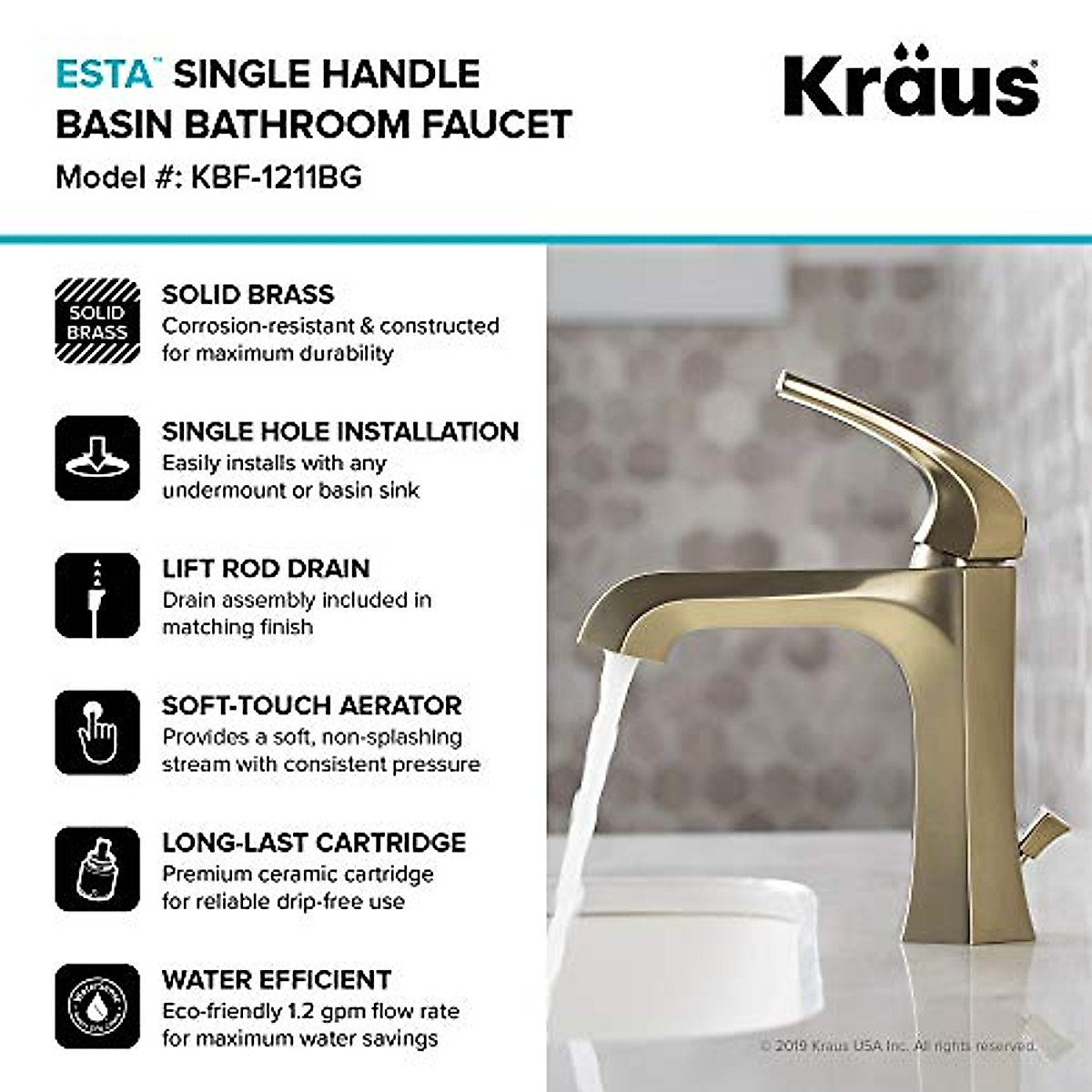 KRAUS Esta Single Handle Basin Bathroom Faucet with Lift Rod Drain in Brushed Gold, KBF-1211BG