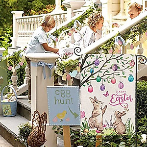 Happy Easter Bunny Garden Flag for Outdoor 12x18 Double Sided,Rabbit Egg Tree Small Yard Flag,Seasonal Decors for Spring Farmhouse Holiday Outside