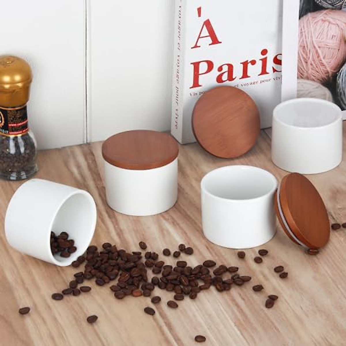 HASAYAKI Storage Jars, Set of 4 Ceramic Canisters 7 oz (220 ml) x4 for Coffee Tea Sugar Cereal Flour and Spice with Airtight Bamboo Lids, 9C50CWx4_white