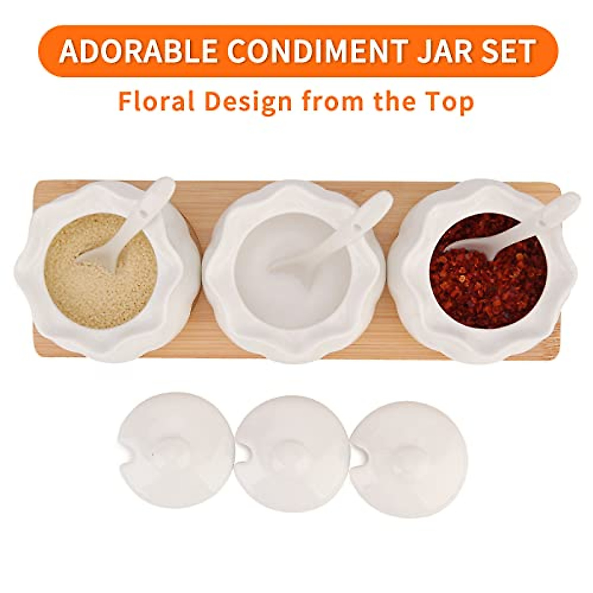 Sugar Bowls Set, Kitchenexus Condiment Jars Pots Set with Lids and Spoons Ceramic Salt Pepper Box Container, Canister Seasoning Box with Bamboo Tray 8.8 ounce/260 ml White