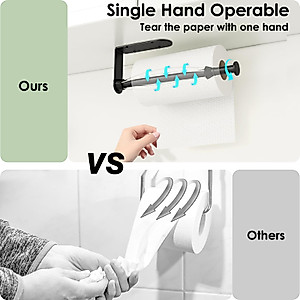 Fixwal Paper Towel Holder Under Cabinet, Single Hand Operable Wall Mount Paper Towel Holder with Damping Effect, Bend-Resistant, Self-Adhesive or Drill Mounting for Kitchen Bathroom, Black